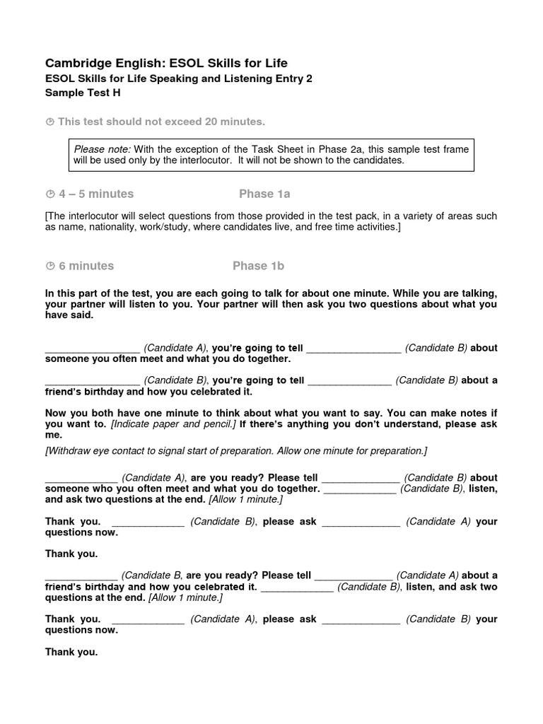 Cambridge English Esol Skills For Life Speaking and Listening Entry 2 ...