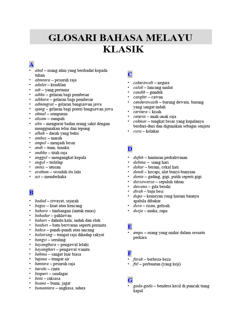 Glosari Bahasa Melayu Klasik | PDF