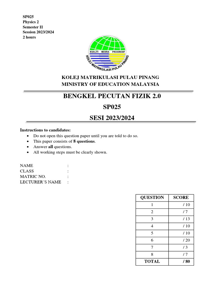 KMPP 2023 2024 (Answer) | PDF | Inductor | Electromagnetism