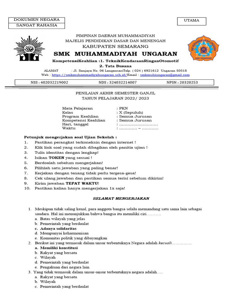 Soal PAS PKN Kelas X Semester Ganjil | PDF