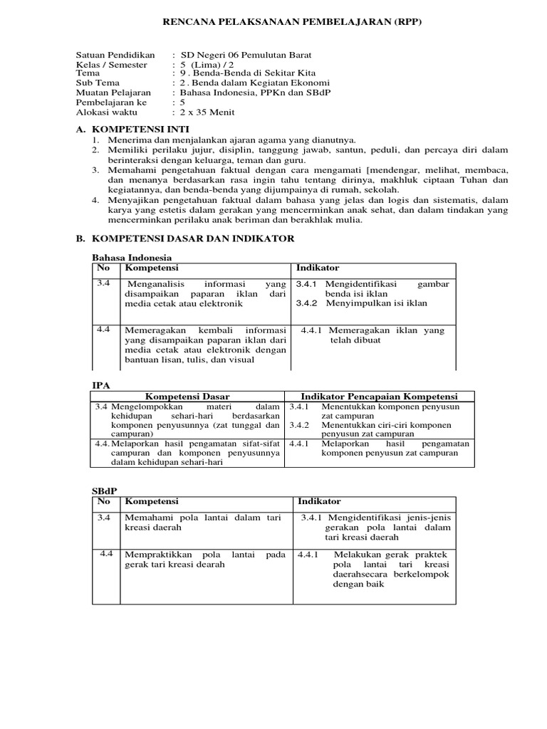 Tri Widharti - RPP Kls 5 Tema 9 Subtema 2 PB 5 | PDF | Karier & Perkembangan | Sains & Matematika