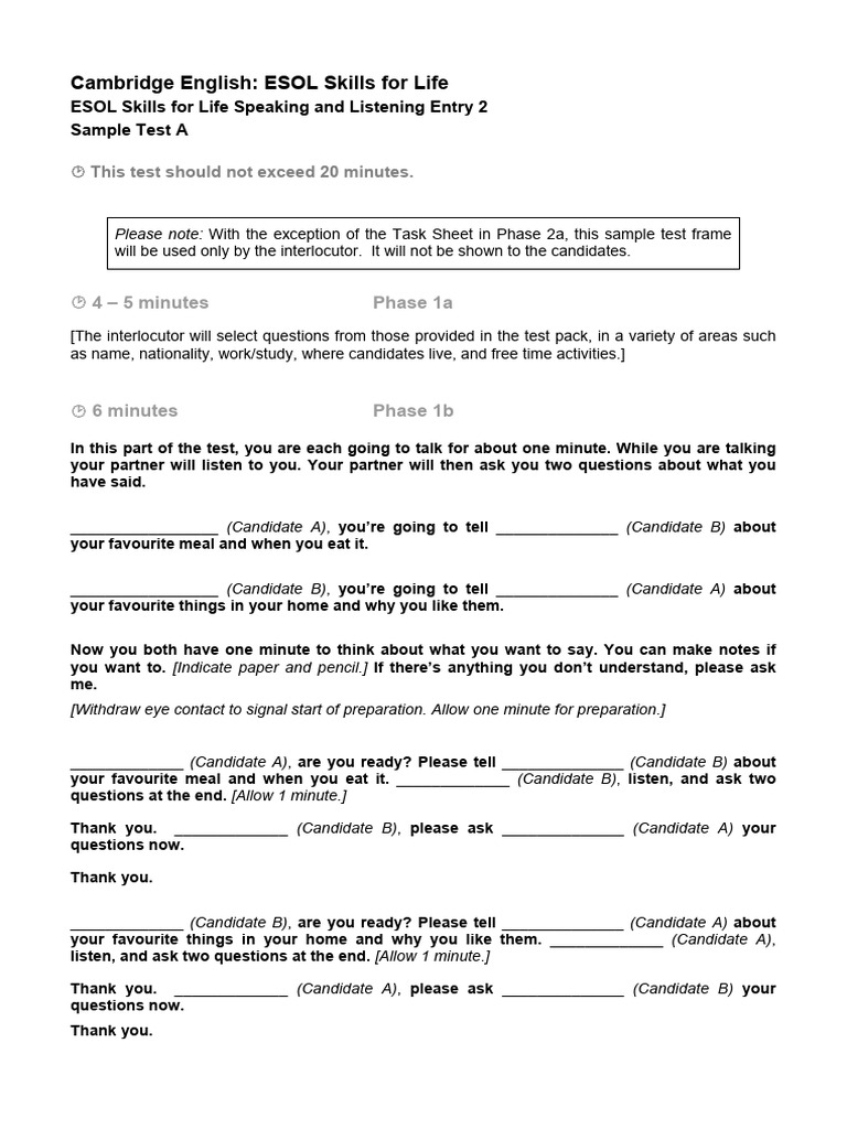 ESOL Speaking & Listening Test Guide | PDF | Foreign Language Studies