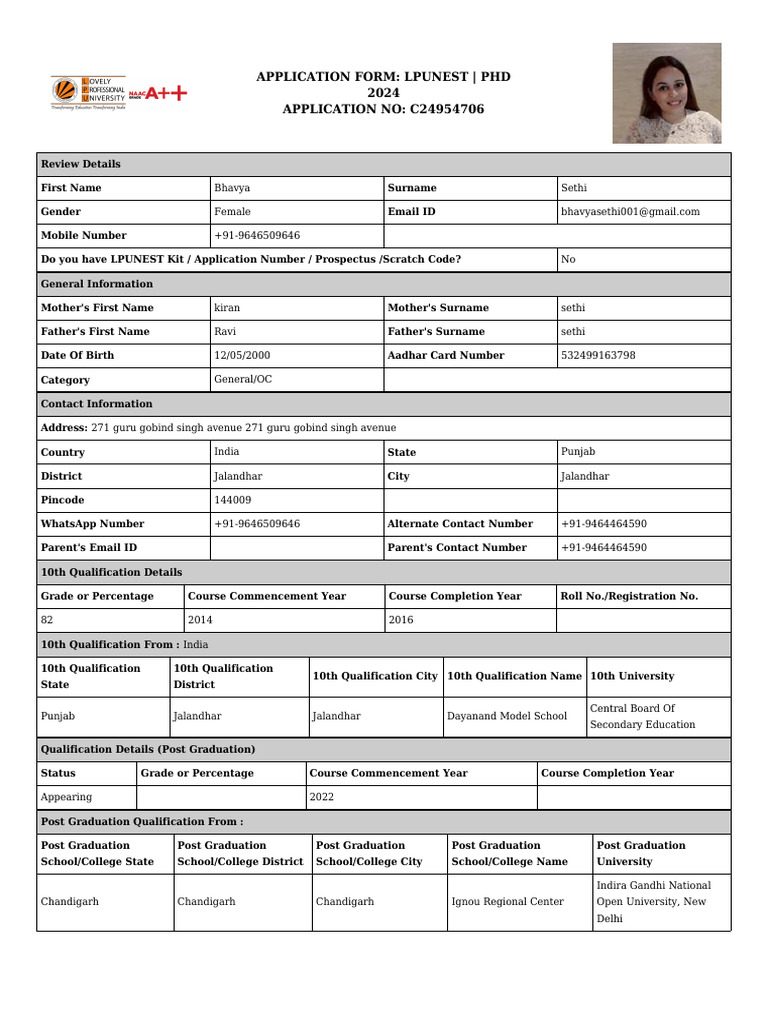 LPUNEST Application PDF C24954706 | PDF | Punjab