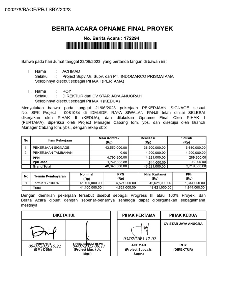 BA Opname Final Proyek - No BA172294 SIGNAGE IDF SIWALANPANJI) (Approved) | PDF | Teknologi ...
