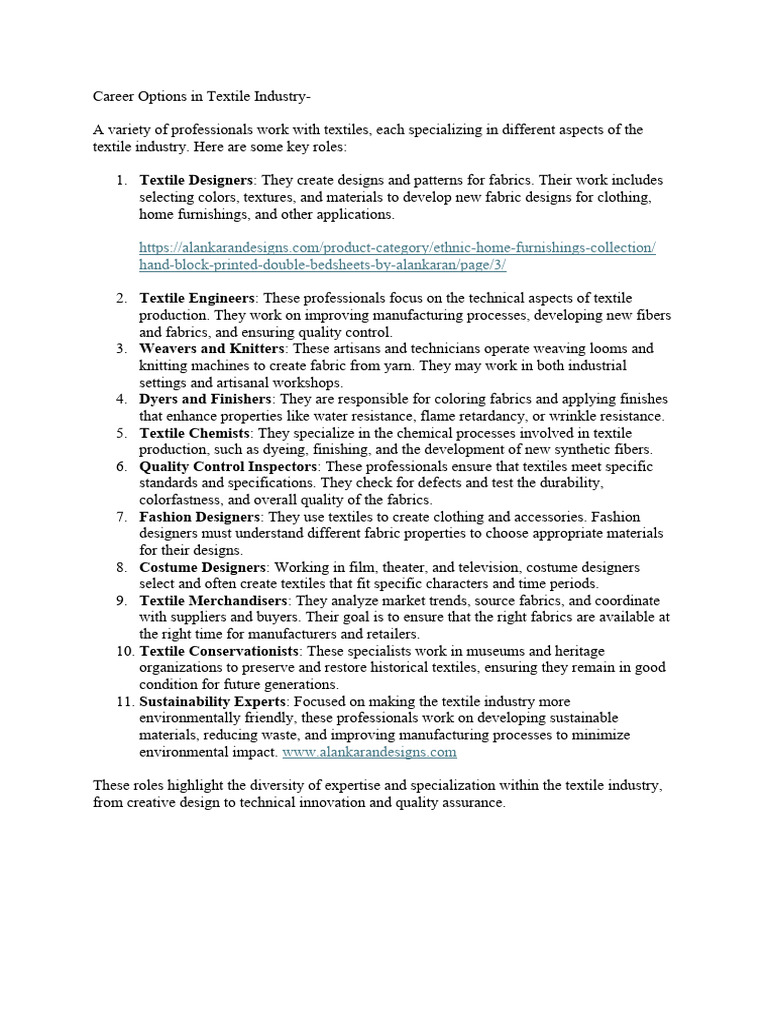 Textile Industry Career Paths Explained | PDF | Textiles | Dyeing