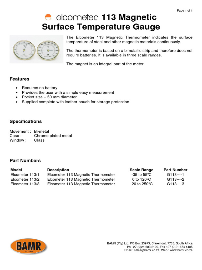 Elcometer 113 Limpet Magnetic Thermometer Data Sheet | PDF