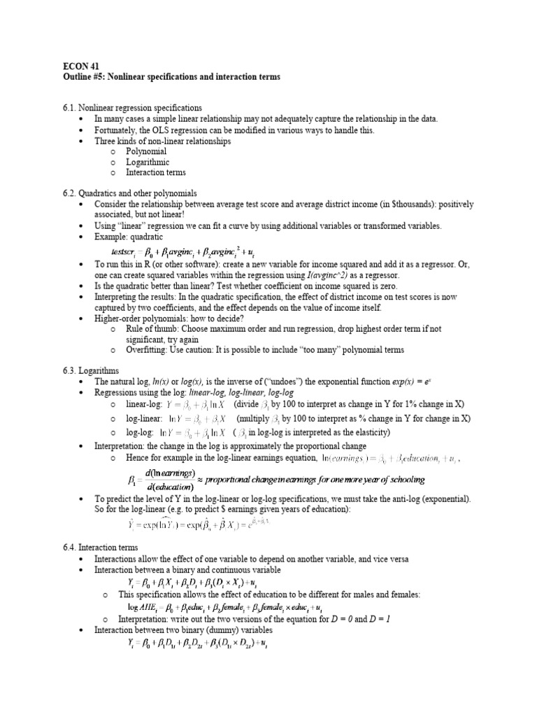 Handout 5 Nonlinear and Interaction | PDF | Regression Analysis | Logarithm Handout 5 Nonlinear and Interaction | PDF | Regression Analysis | Logarithm