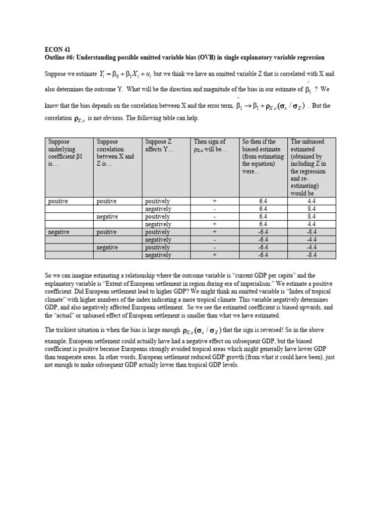 Handout - 6 - Omitted Variable Bias Summary Table | PDF | Estimator ...