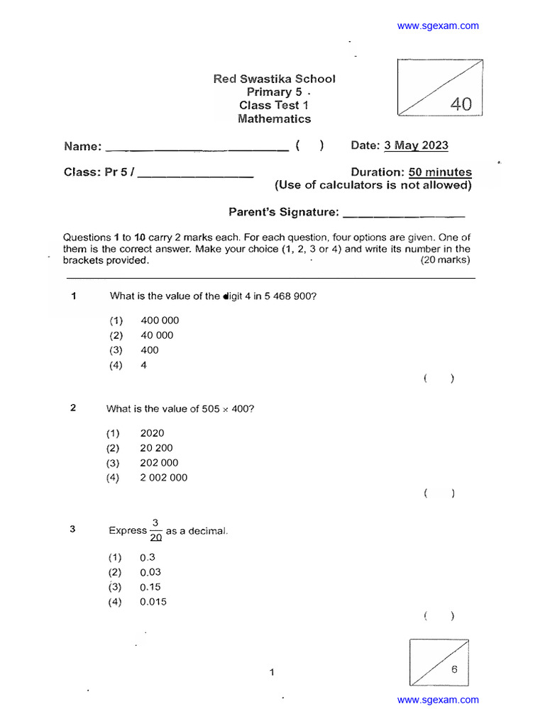 P5 Math Class Test 1 Overview | PDF | Mathematics | Arithmetic