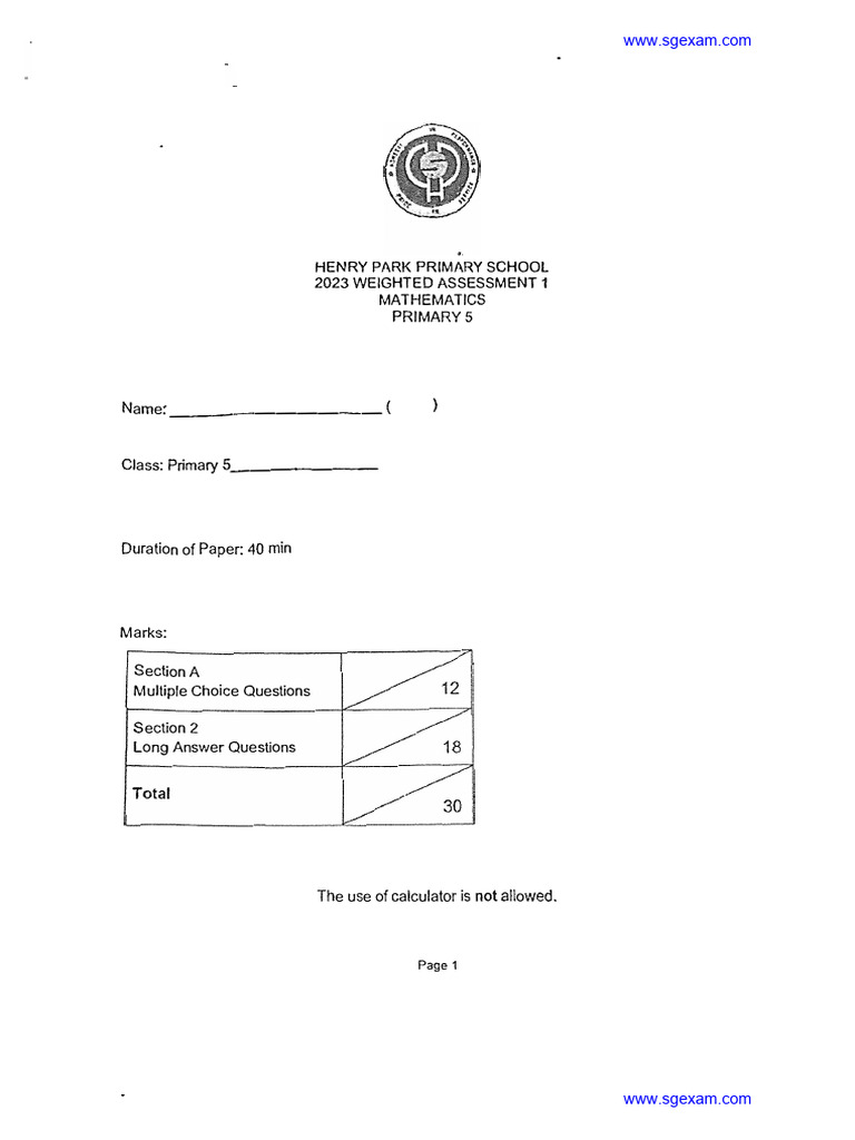 2023-P5-Maths-Weighted Assessment 1-Henry Park | PDF