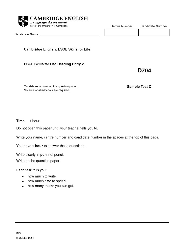 Cambridge English Esol Skills For Life Reading Entry 2 Sample Test C | PDF