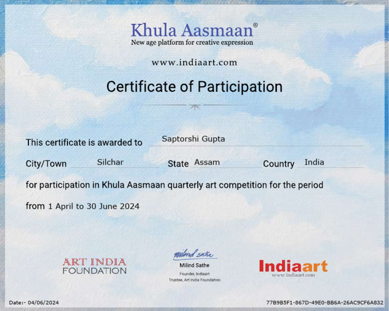 Khul A Aasmaan: Cert I Fi Cat e of I Ci Pat I On | PDF