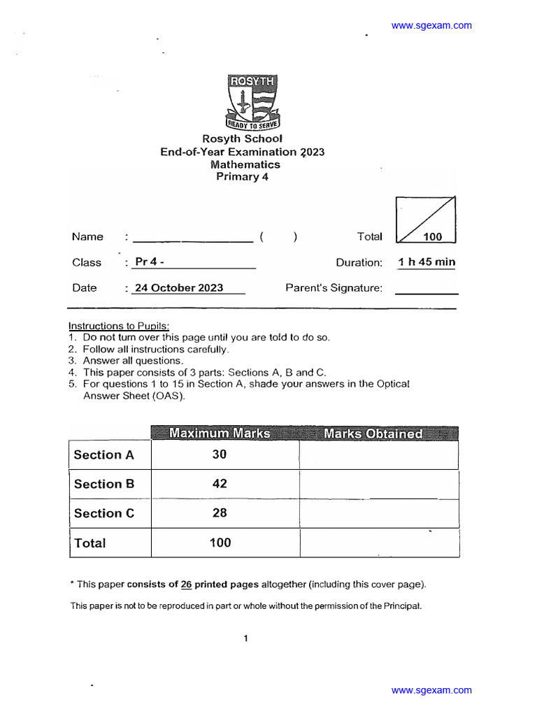 2023-P4-Maths-End of Year Exam-Rosyth | PDF