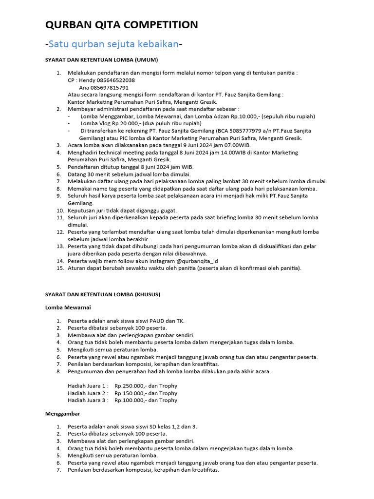 Lomba Qurban Qita 2024: Syarat & Ketentuan | PDF | Bisnis | Griya & Taman