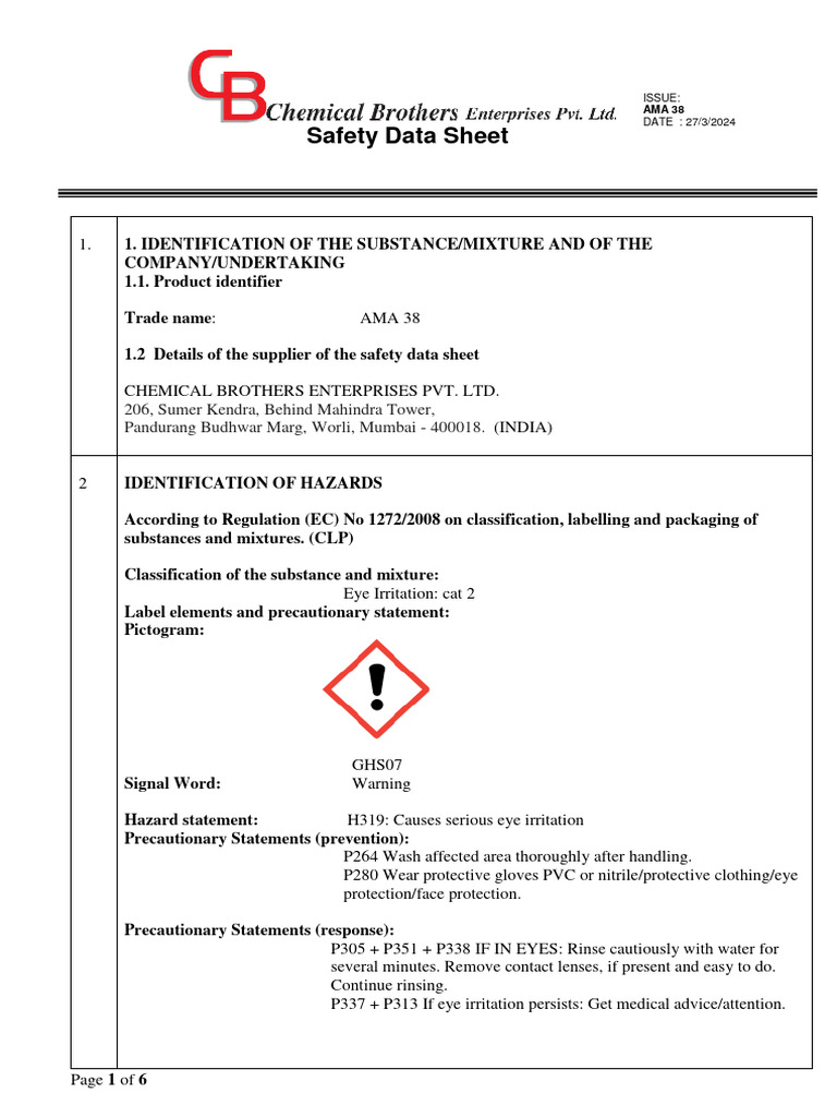 MSDS OF AMA 38 | PDF | Toxicity | Water