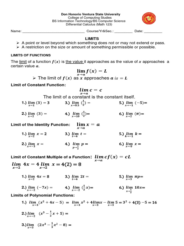 Math123 CCS Handout2 LIMITS | PDF | Function (Mathematics) | Differential Calculus
