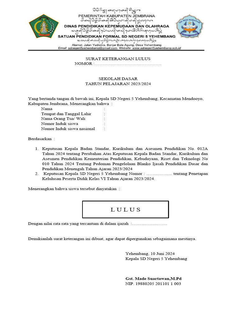 Surat Keterangan Lulus SD 2024 | PDF | Karier & Perkembangan ...