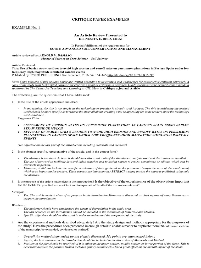 Sample Critique Paper | PDF | Methodology | Surface Runoff