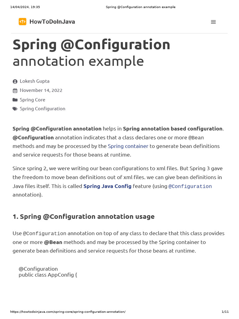 Spring @configuration Annotation Example | Download Free PDF | Spring Framework | Programming ...
