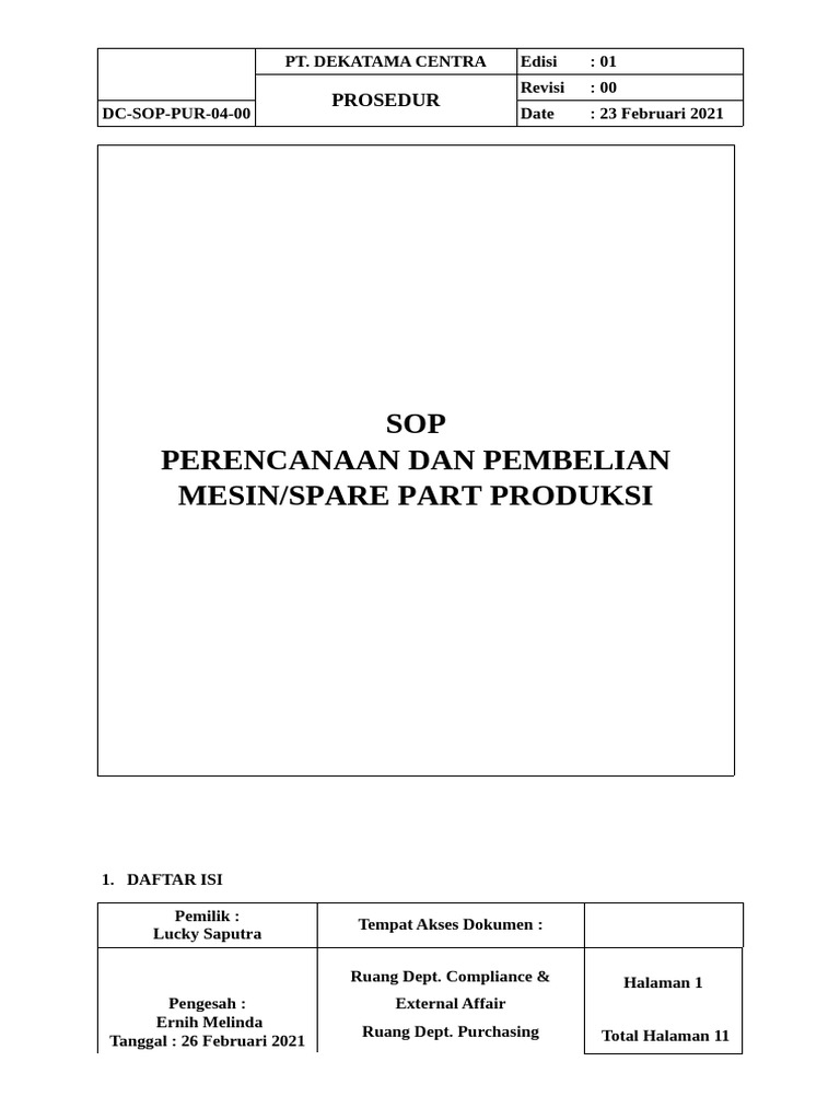 SOP Perencanaan Dan Pembelian Mesin Atau Sparepart Produksi | PDF