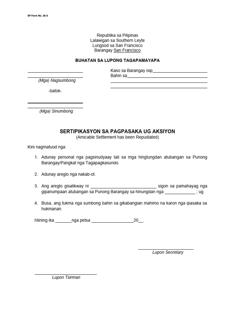 KP Form 20a - CERTIFICATE TO FILE ACTION (Lupon Amicable Settlement Is ...