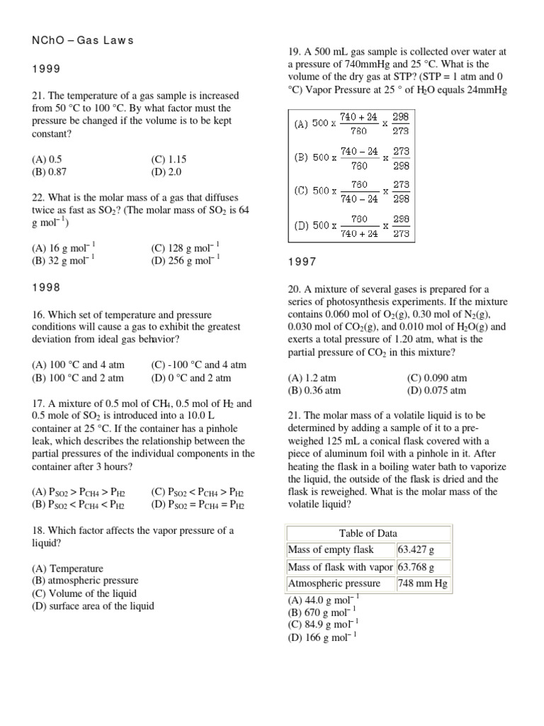 Gas Laws: Pressure, Volume, and Molar Mass | PDF | Gases | Pressure