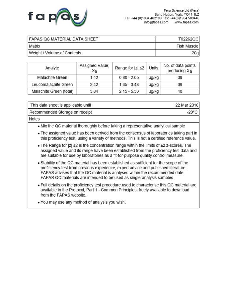 FAPAS QC Data Sheet for Fish Muscle | PDF