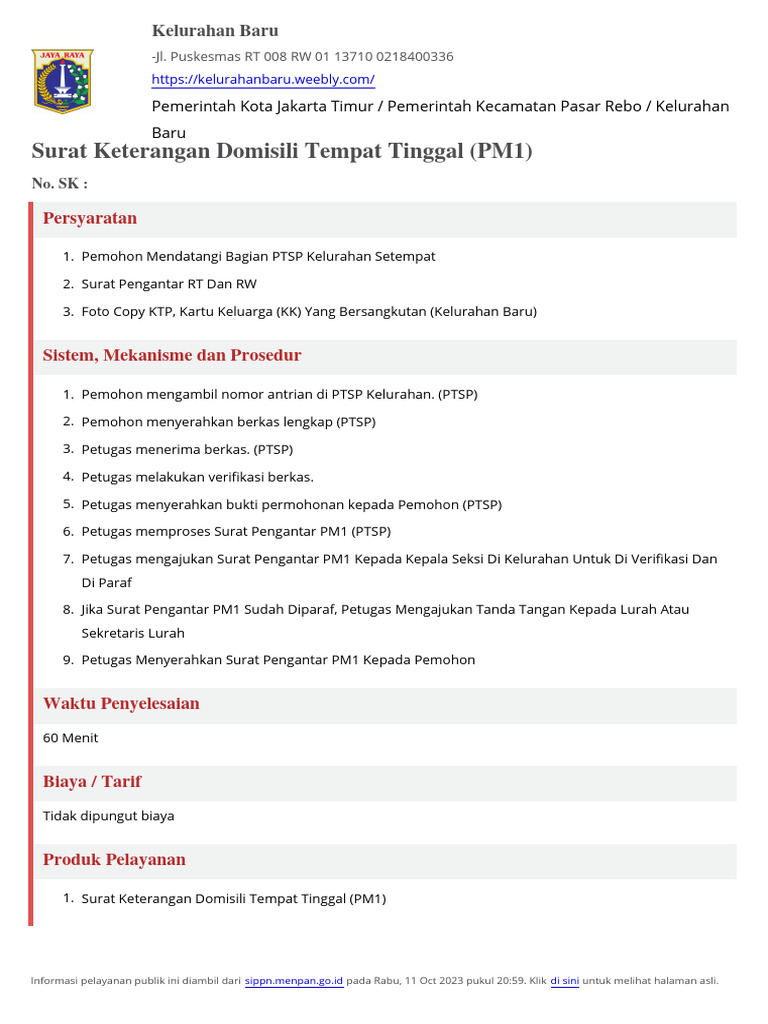 Unduh Standar Pelayanan - Surat Keterangan Domisili Tempat Tinggal (PM1) | PDF