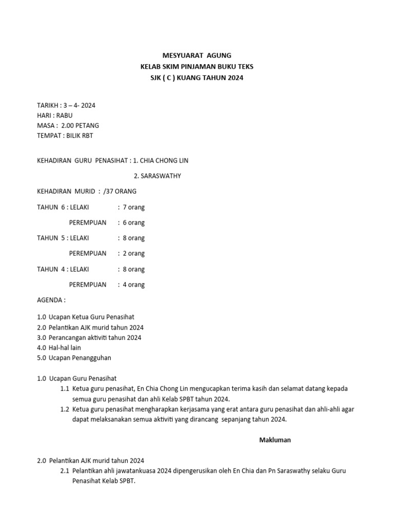Minit Mesyuarat Agung Persatuan SPBT 2024 | PDF