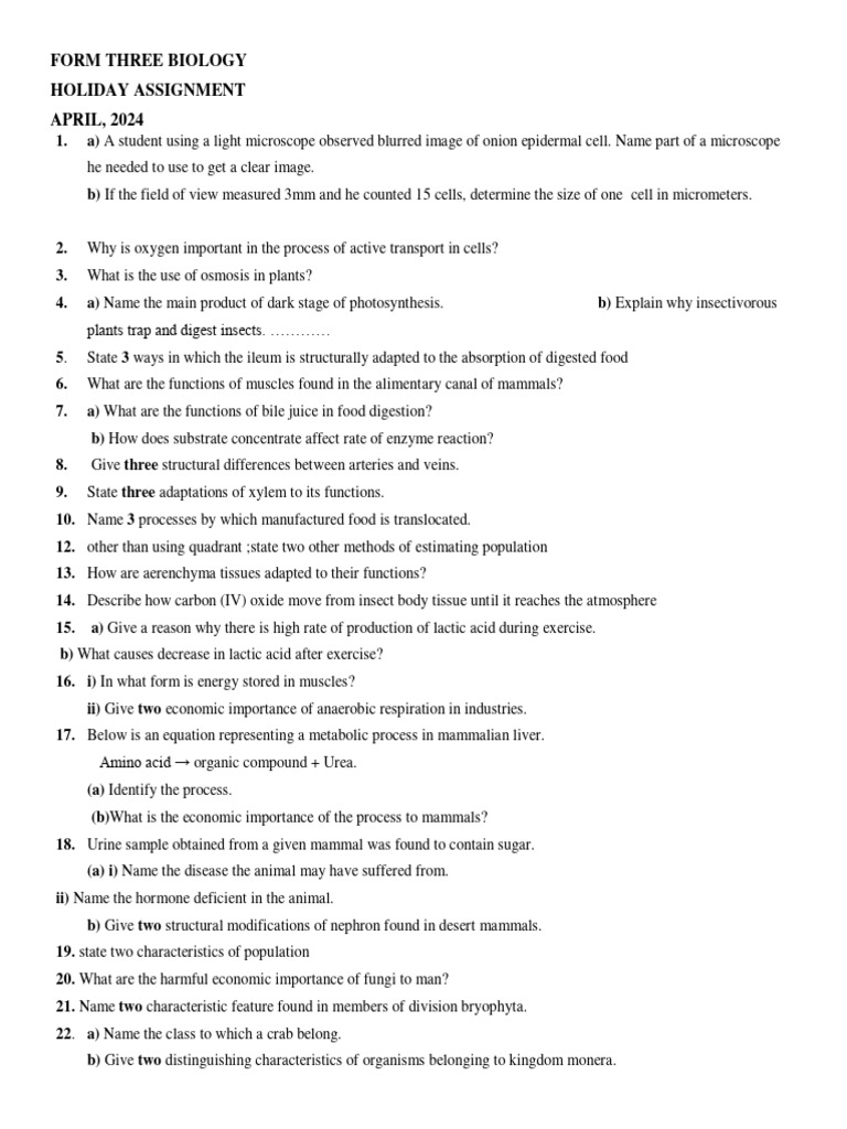 f3 Biology Assignment 1 (1) - 2 | PDF | Biology | Digestion