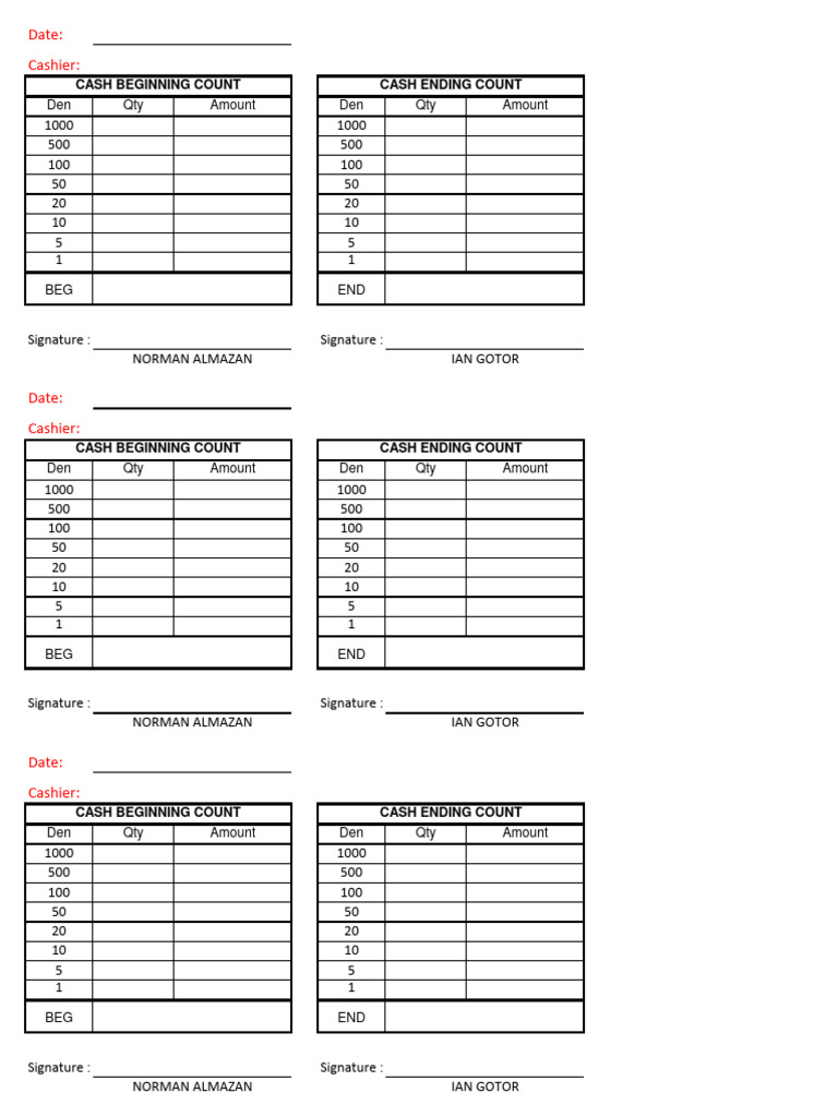 Cash Register Beginning and Ending Count | PDF