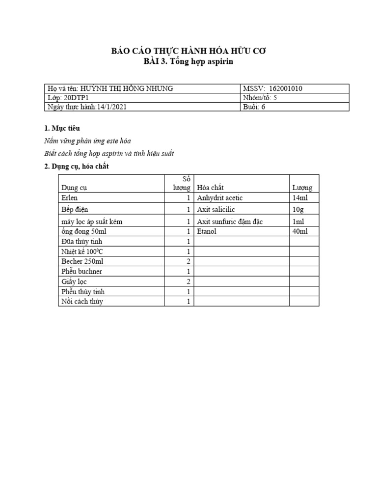 BÁO CÁO TH C HÀNH HÓA H U CƠ Bài 3 T NG H P Aspirin NHUNG | PDF