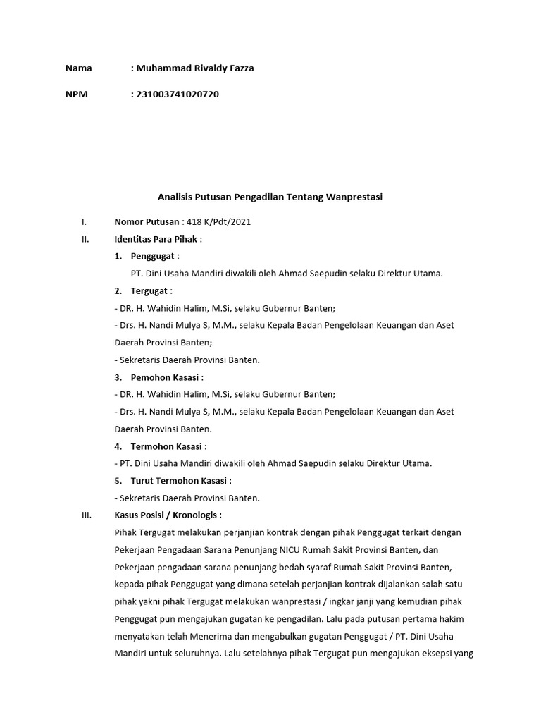 Analisis Putusan Wanprestasi | PDF