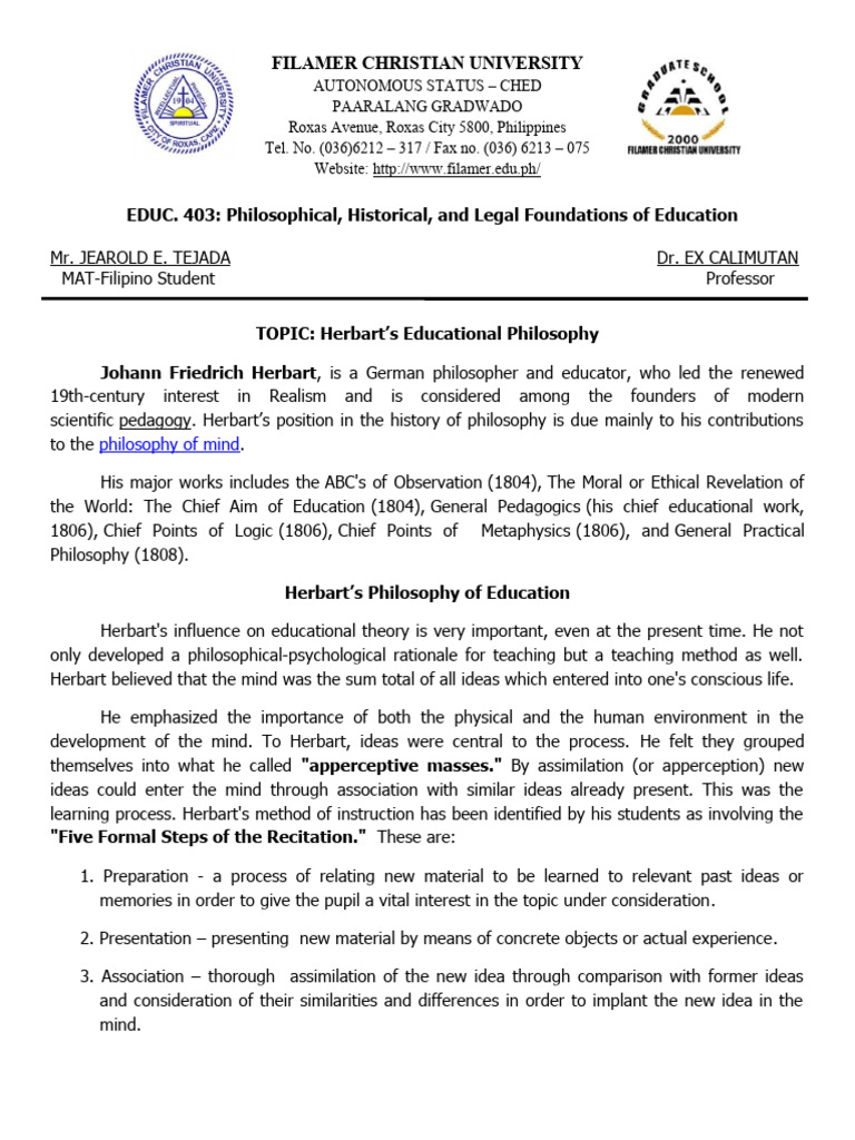 Tejada, Handout (Educ. 403) | PDF | Idea | Pedagogy