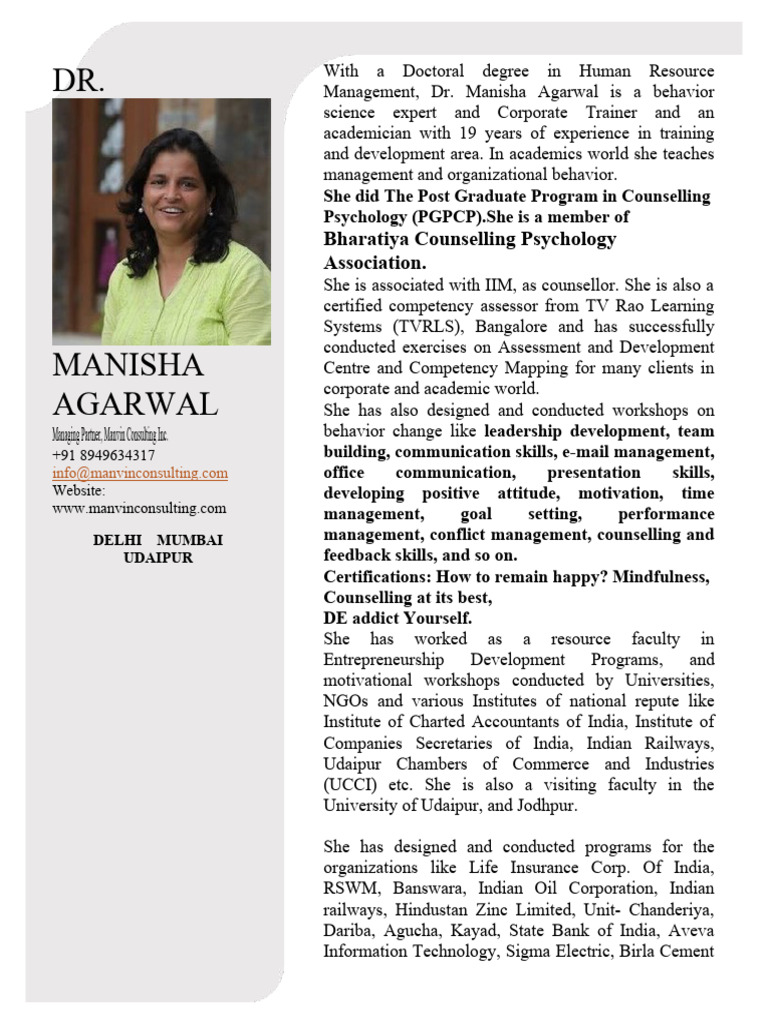 DR - Manisha Agarwal CV | PDF | Psychology | Behavioural Sciences