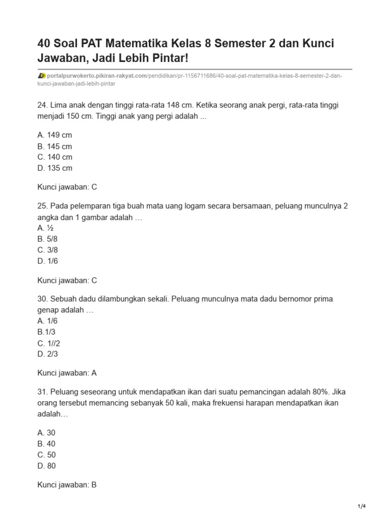 40 Soal PAT Matematika Kelas 8 Semester 2 Dan Kunci Jawaban Jadi Lebih Pintar | PDF