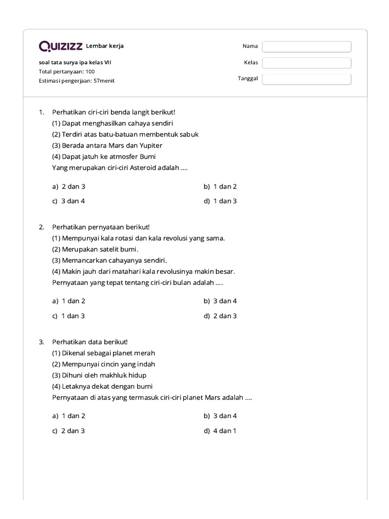 Soal Tata Surya Ipa Kelas VII - Quizizz | PDF | Dewasa Muda