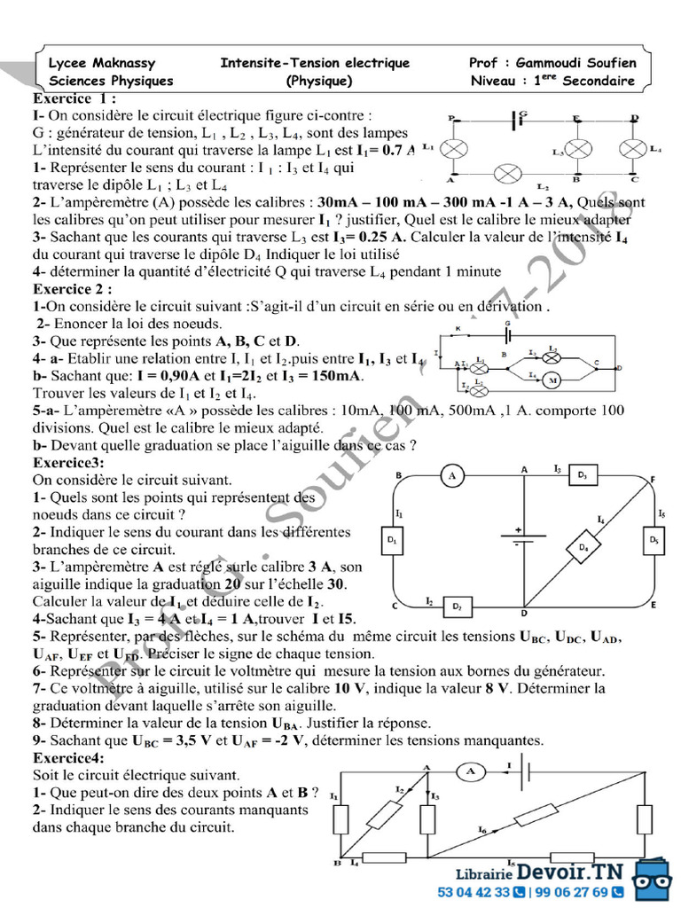 Série D'exercices Intensite Tension 2017 2018 (MR MR Gammoudi Soufien) | PDF
