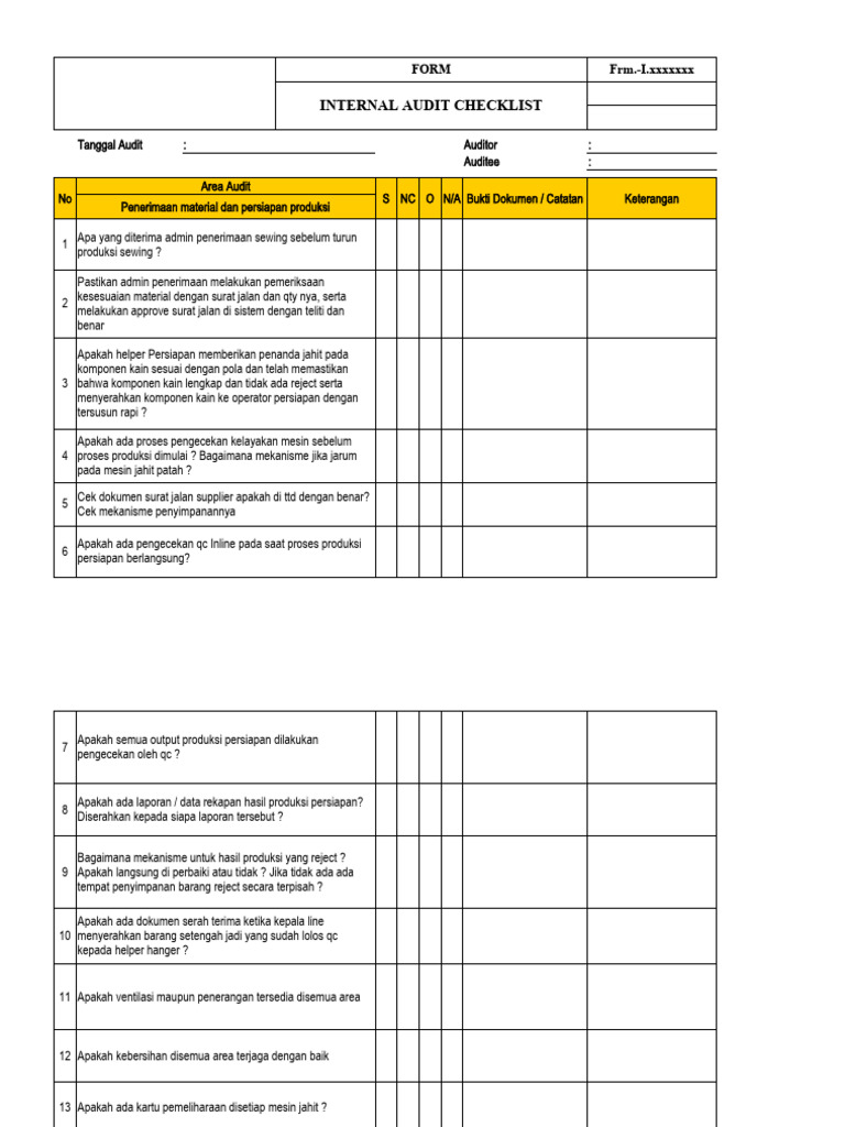 Checklist Audit Internal Produksi Sewing | PDF