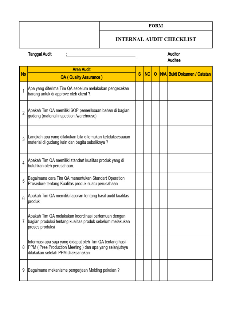 Qa - Checklist Audit Internal | PDF | Pengelolaan Keuangan & Uang