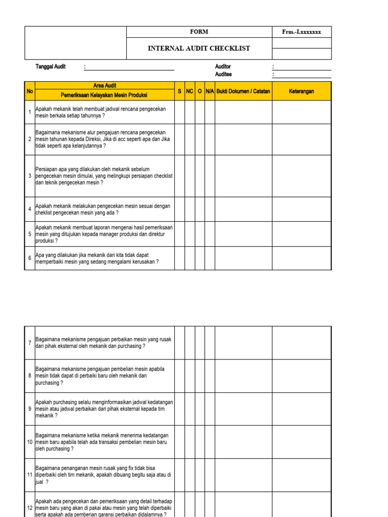 Mesin - Checklist Audit Internal | PDF | Pengelolaan Keuangan & Uang