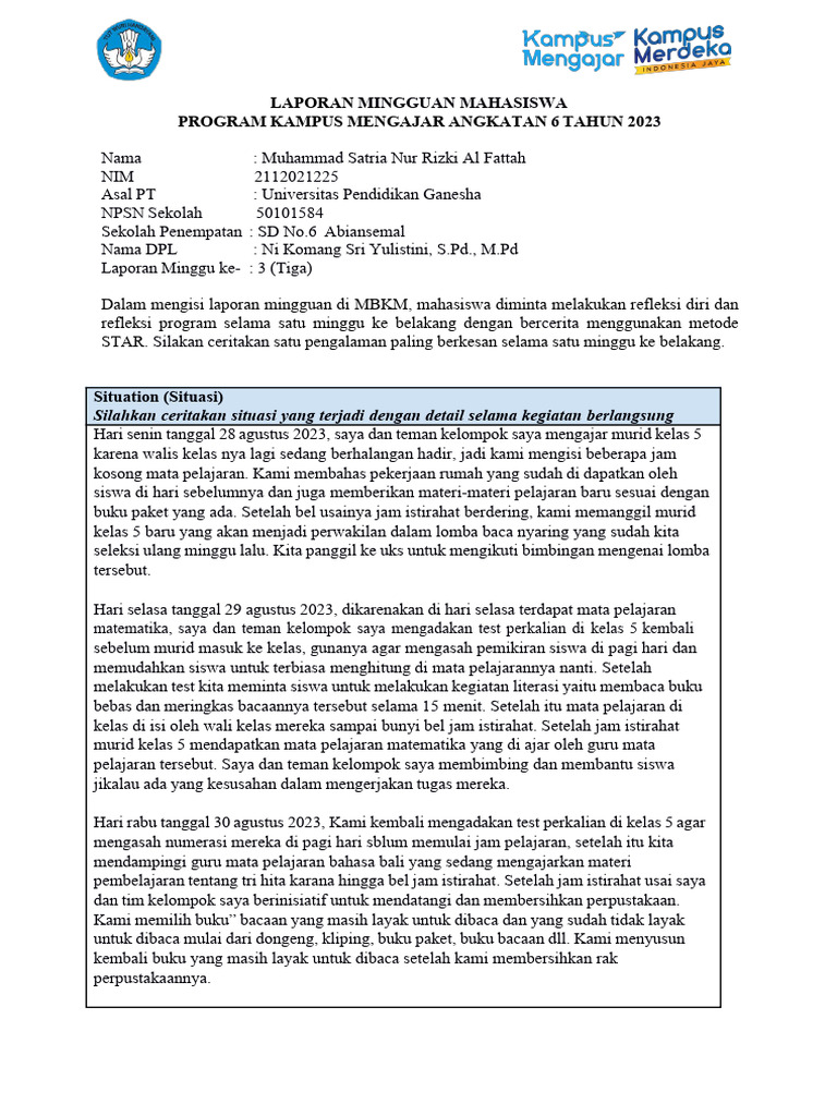 Laporan Mingguan Kampus Mengajar | PDF