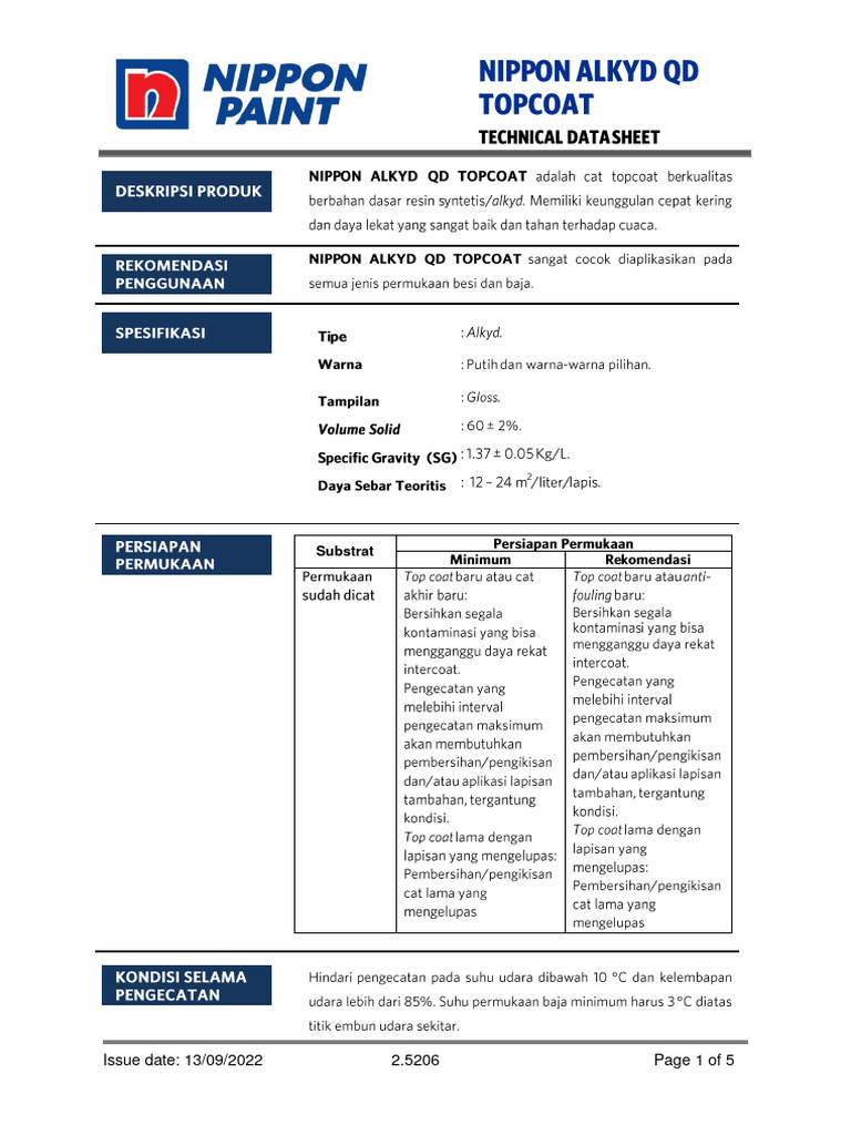 Nippon Alkyd QD Topcoat - TDS Bahasa 130922 | PDF
