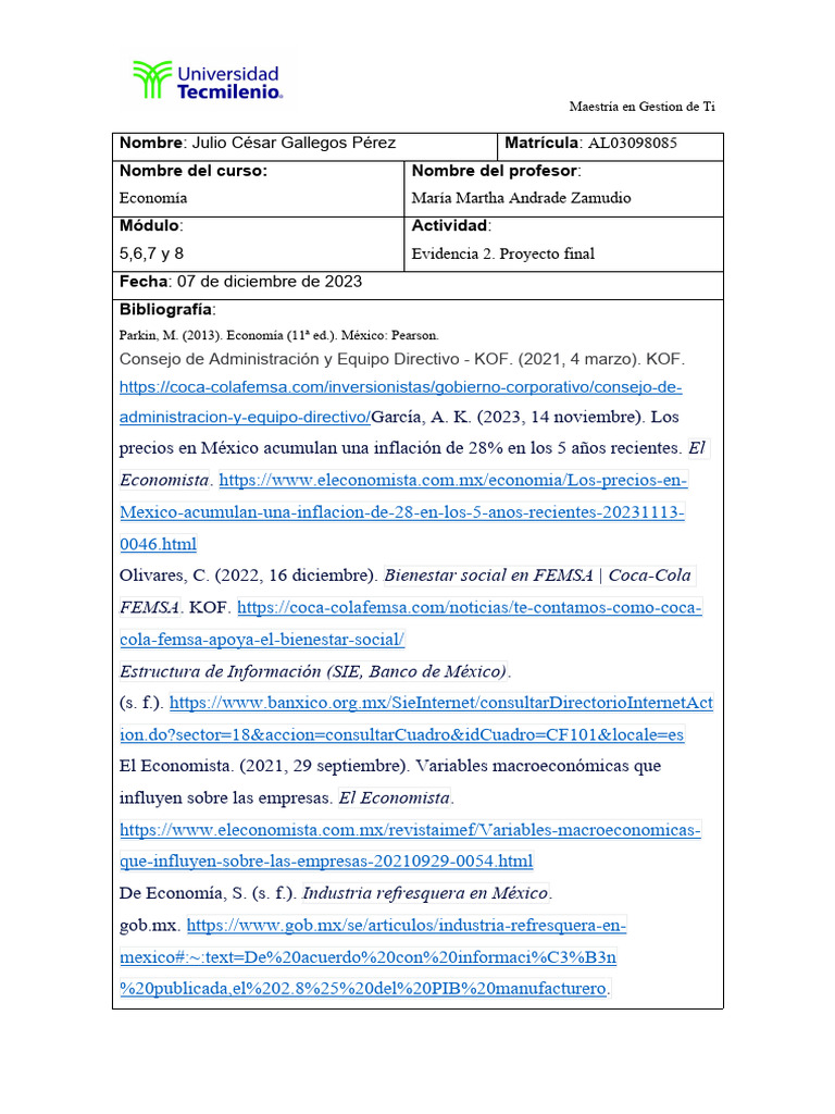 Evidencia 2. Proyecto Final | PDF | Business | Economias