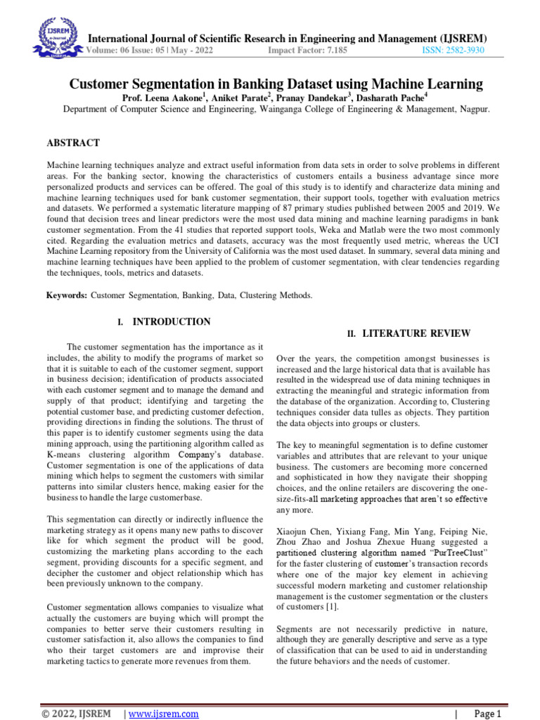 Customer Segmentation in Banking Dataset Using Machine Learning | PDF | Cluster Analysis ...