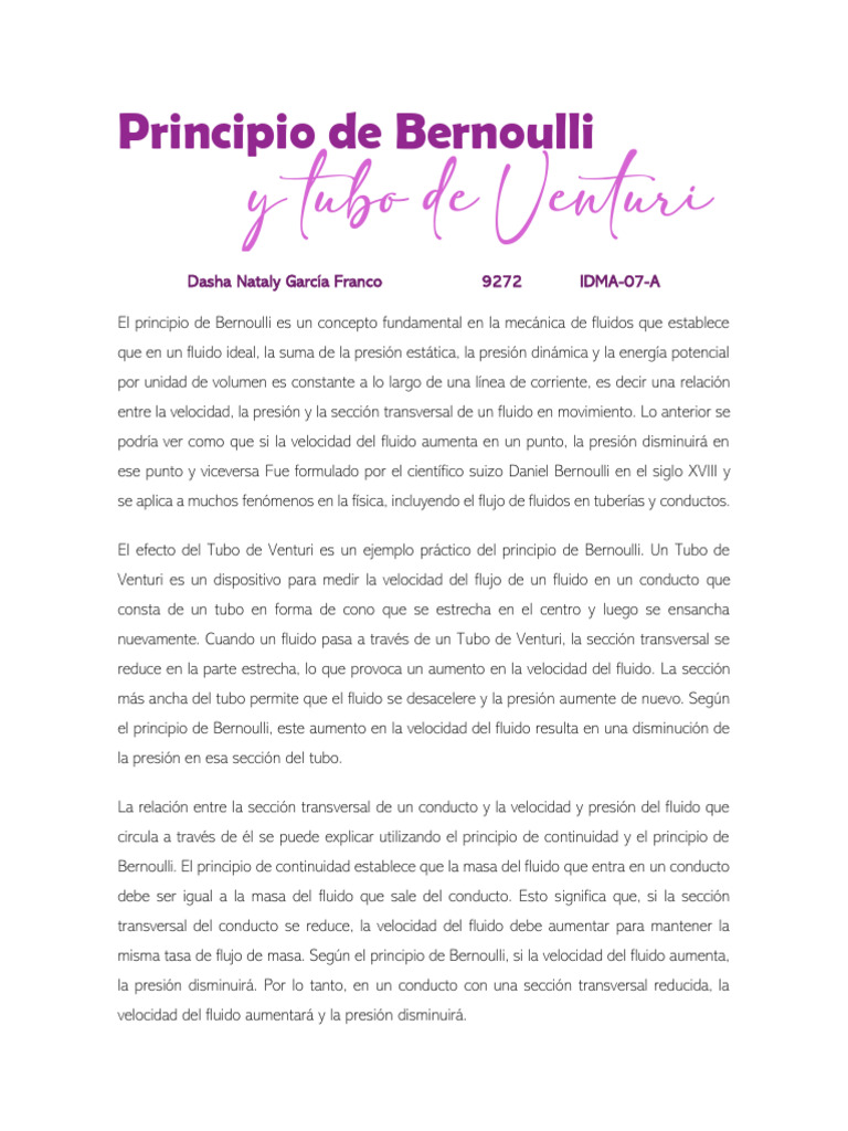 Principio de Bernoulli y Efecto Venturi | PDF | Dinámica de fluidos ...