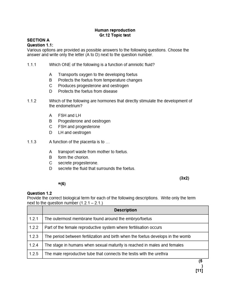 Gr.12 Human Reproduction Test Questions | PDF | Luteinizing Hormone ...
