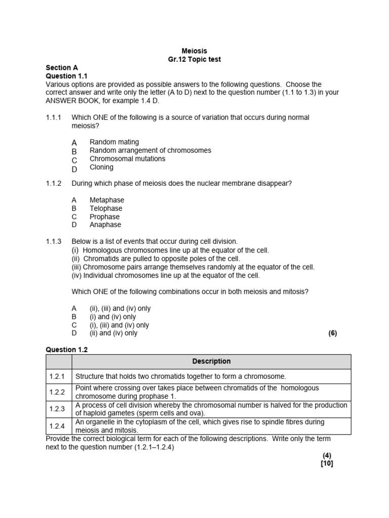 Meiosis Topic Test 2023-1 | PDF | Meiosis | Genetics