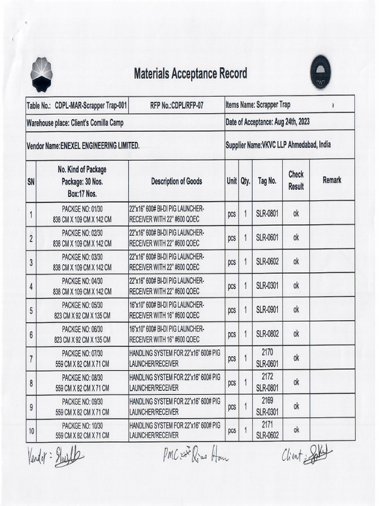 Attach-1 Acceptance Record Scrapper Trap 650 Lac | PDF