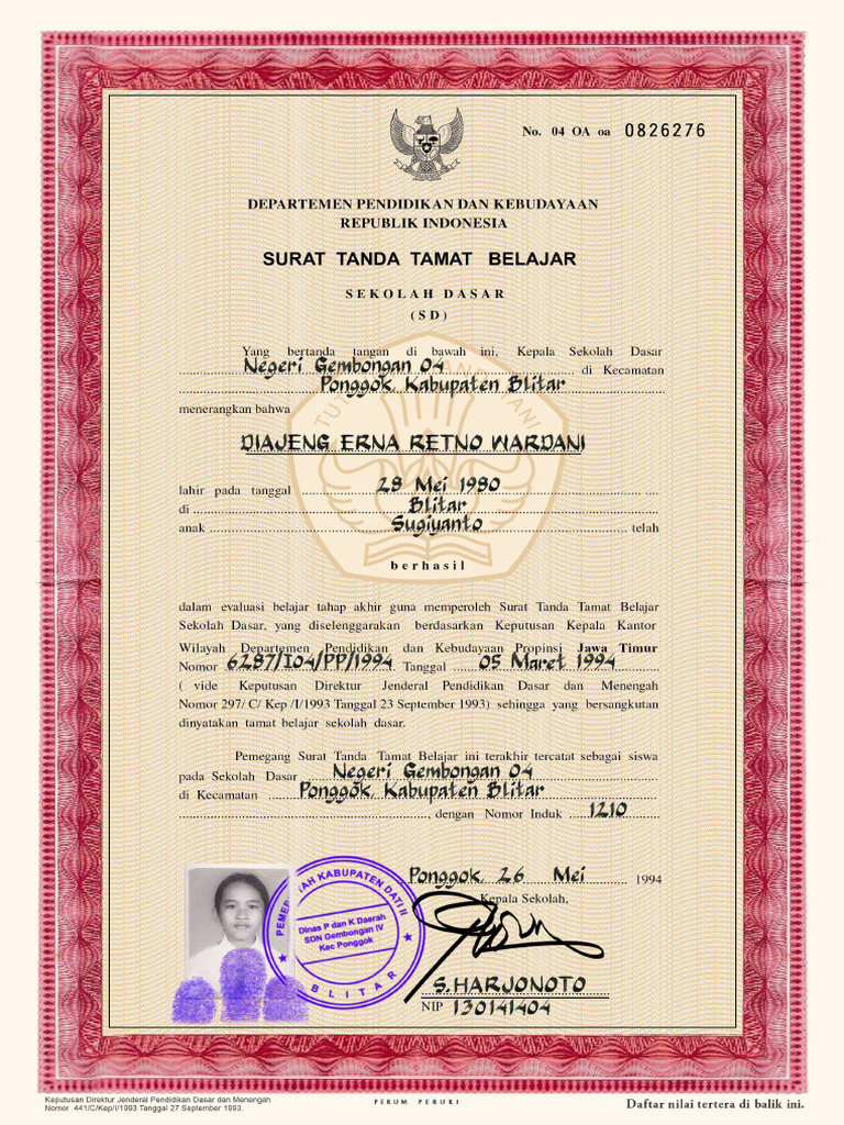 Ijazah SD Tahun 1995 | PDF